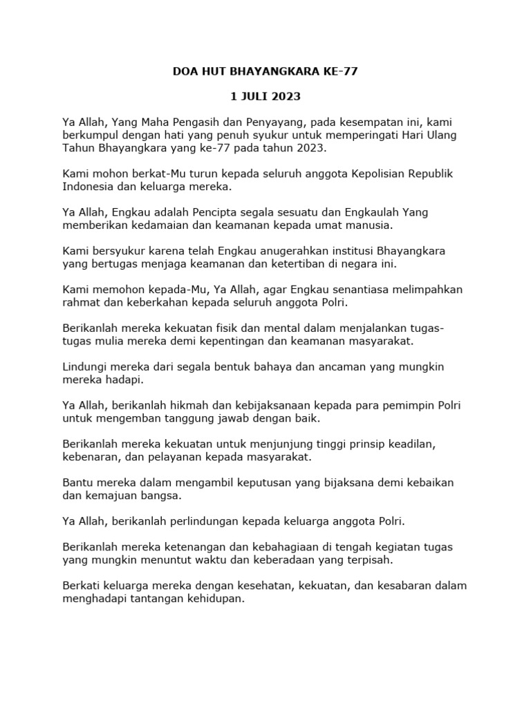 Doa Hut Bhayangkara Ke-77 1 Juli 2023 | PDF