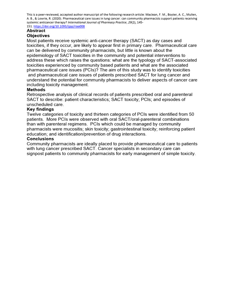 Maclean Etal IJPP 2020 Pharmaceutical Care Issues in Lung Cancer Can ...