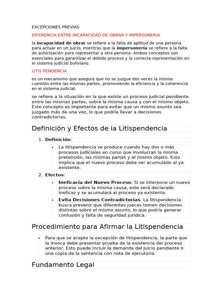 Excepciones Previas en el Proceso Judicial | PDF | Derecho