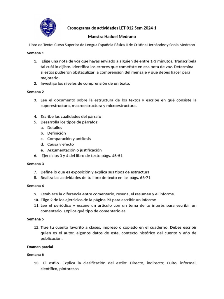 Cronograma de Actividades Let 012 2024-2 | PDF | Cuentos