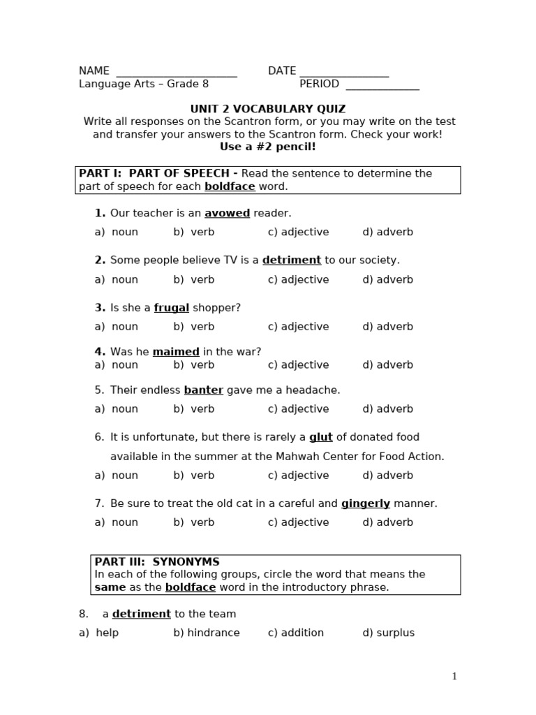 Unit 2 Vocabulary Quiz | PDF | Adverb | Verb