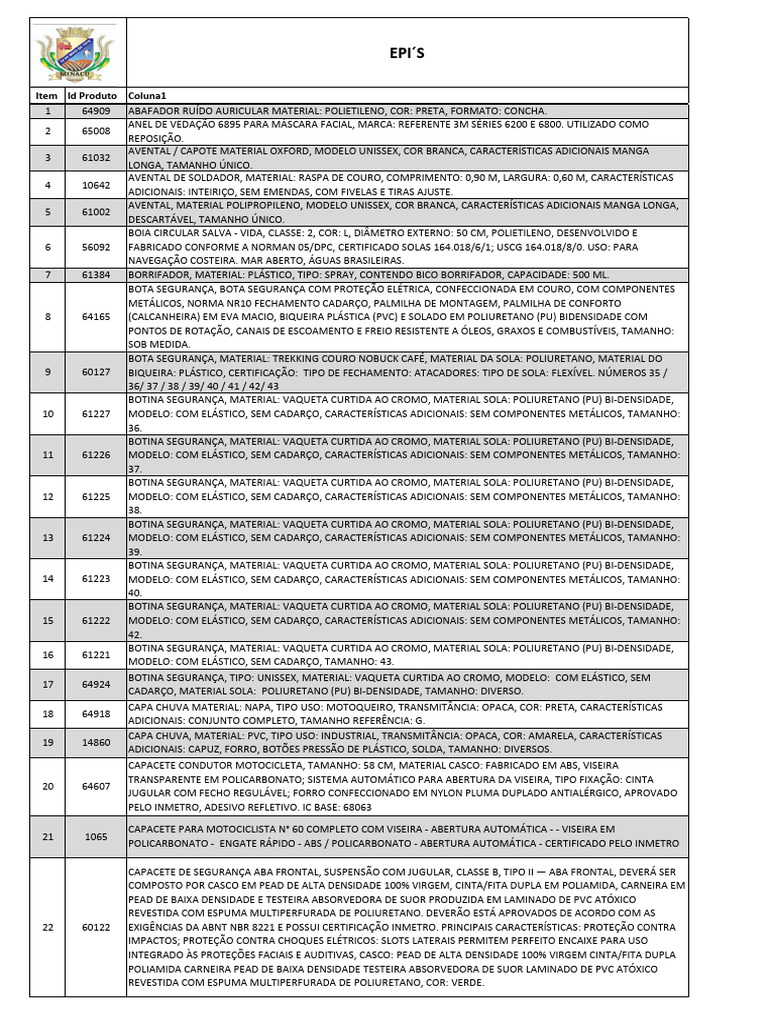 Epis | PDF | Capacete | Cloreto de polivinila (PVC)