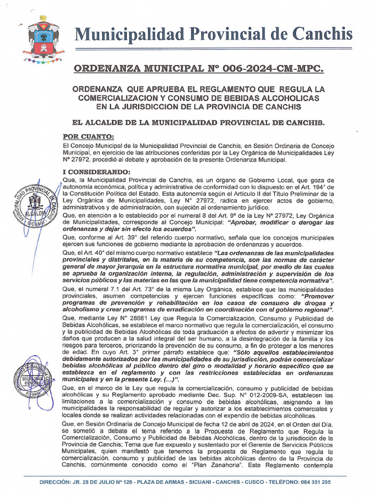 Ordenanza Municipal N 006 2024 CM MPC | PDF