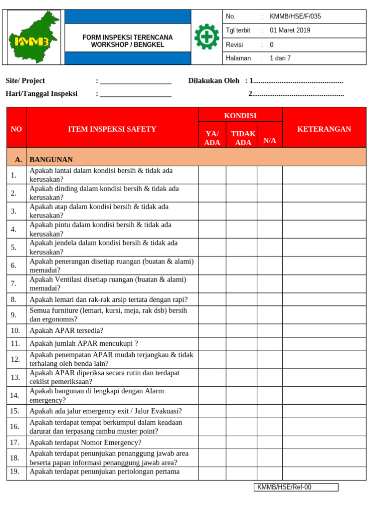 Form Inspeksi Workshop | PDF | Teknologi & Rekayasa