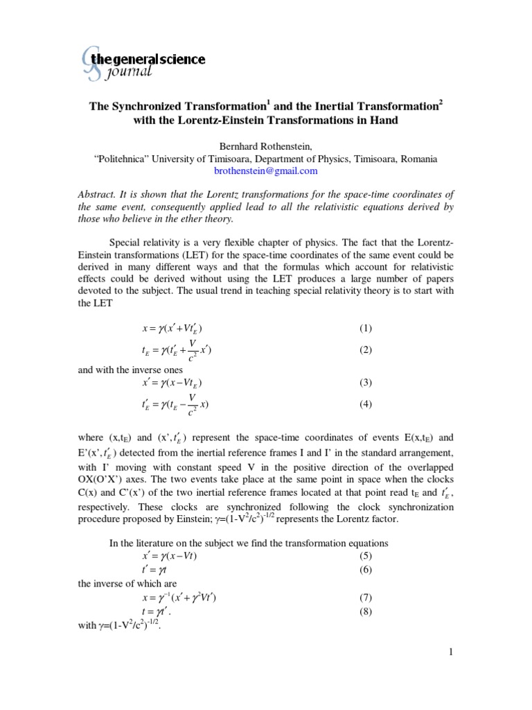 Bernhard Rothenstein - The Synchronized Transformation and The Inertial ...