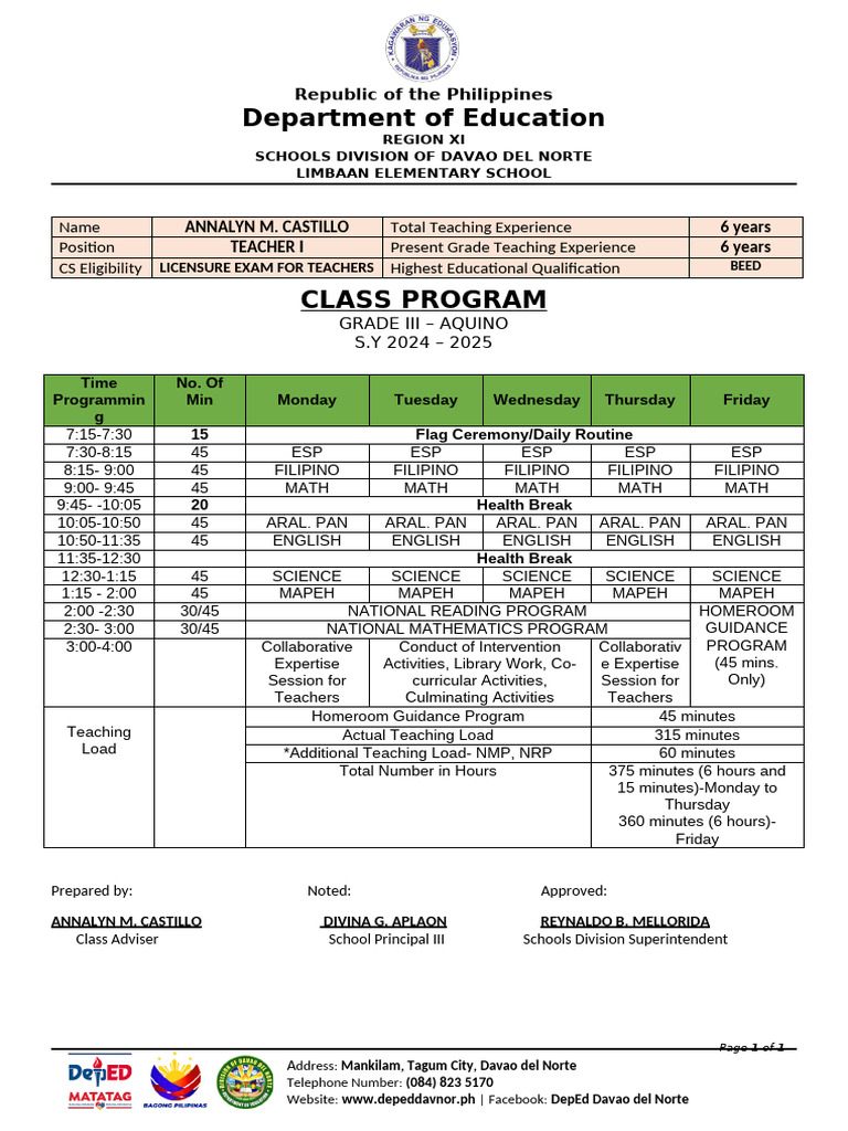 Matatag Class Program 1 Aquino | PDF | Philippines