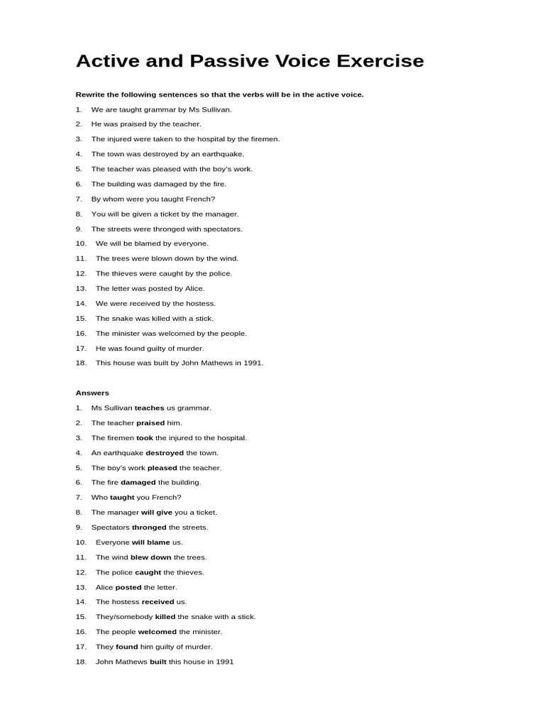 Active and Passive Voice Exer and Ans | PDF