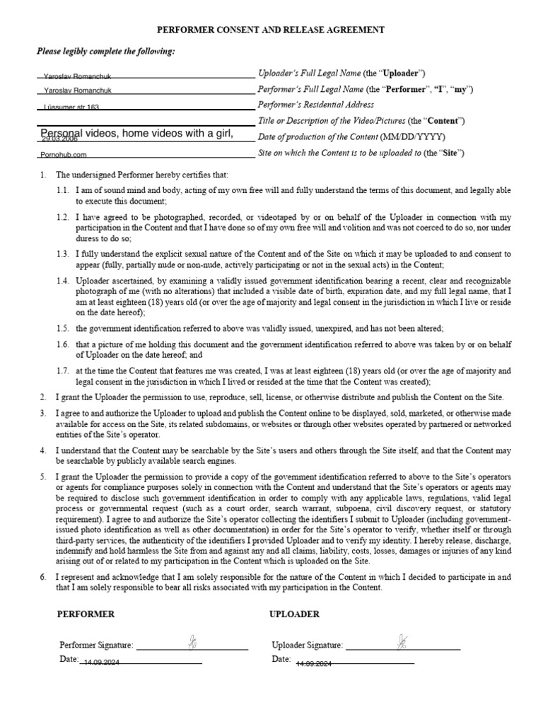 Performer Consent Agreement | PDF | Identity Document | Indemnity