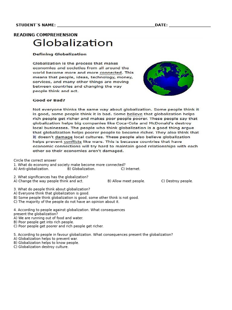 Globalization Reading Comprehension Quiz | PDF