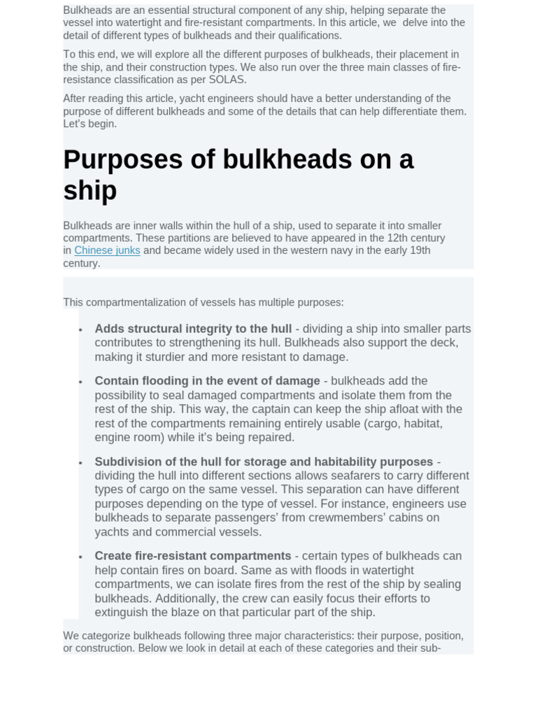 Bulkheads Are An Essential Structural Component of Any Ship | PDF ...