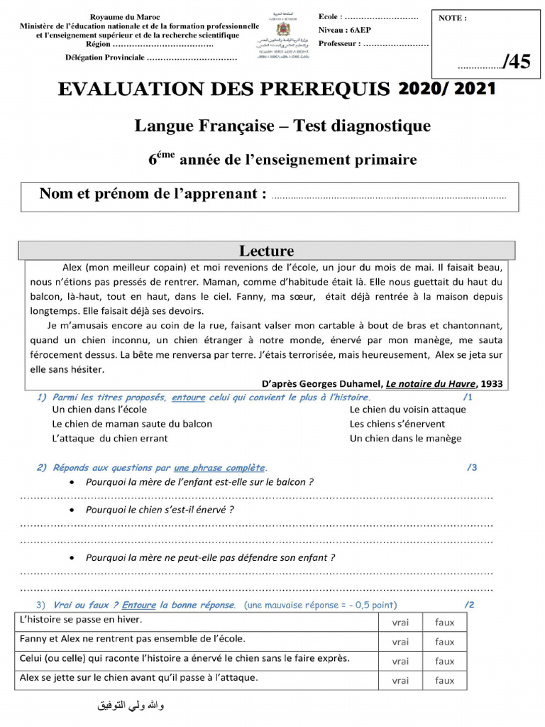 Evaluation Des Prerequis 6 Aep 2020 - 2021 | PDF