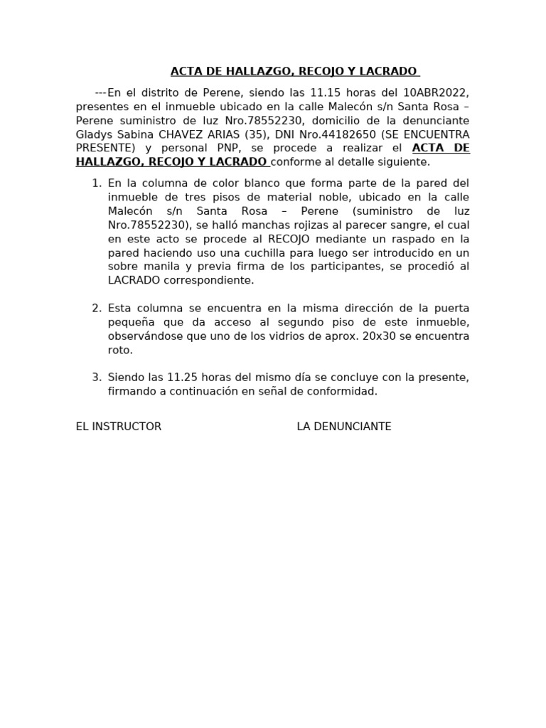 Acta de Hallazg, Recojo y Lacrado | PDF