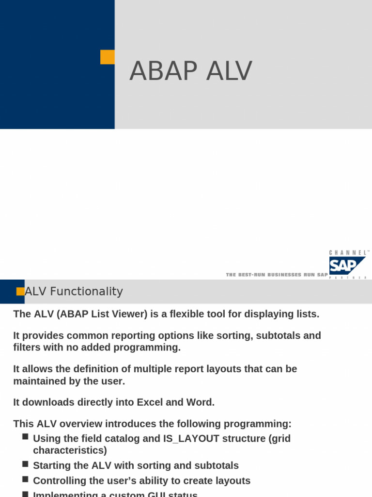 ABAP Training-ABAP ALV | PDF | Microsoft Excel | Software Engineering ABAP Training-ABAP ALV | PDF | Microsoft Excel | Software Engineering