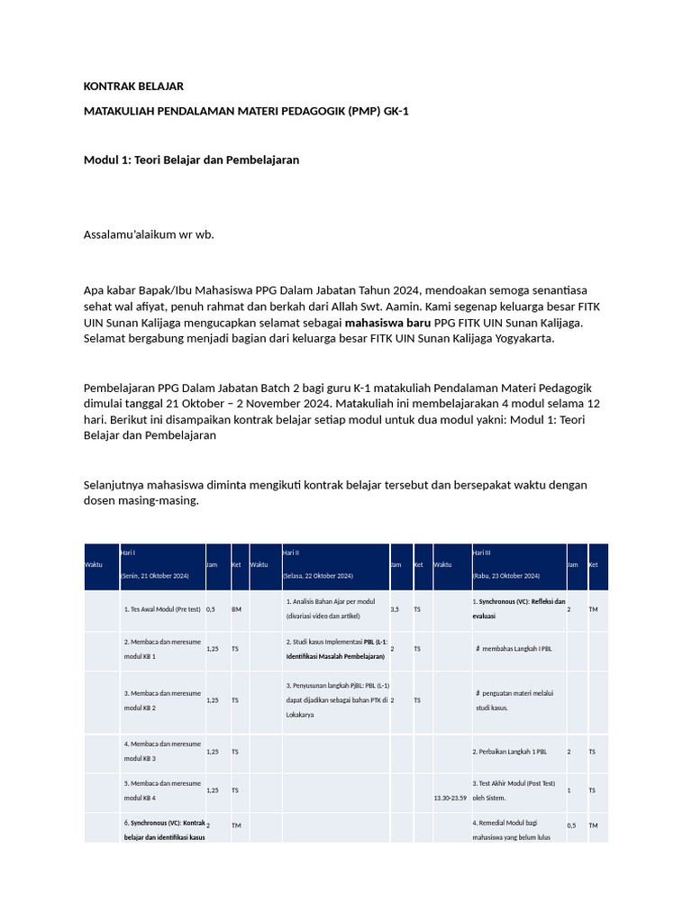 1-Kontrak - PMP - 2024 - B2 - K1 - Teori Belajar Dan Pembelajaran | PDF