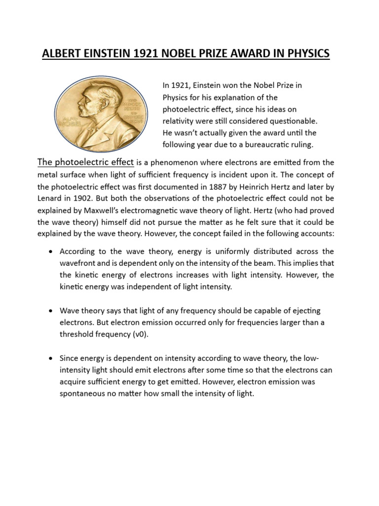 ALBERT EINSTEIN (PHOTO ELCTRIC EFFECT) 1921 NOBEL PRIZE AWARD IN ...