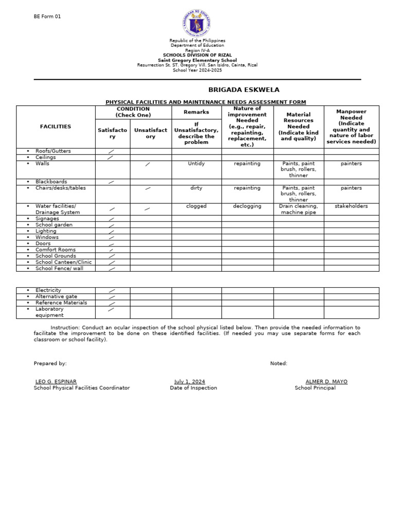 BE-Form-1-PHYSICAL-FACILITIES-AND-MAINTENANCE-NEEDS-ASSESSMENT-FORM | PDF