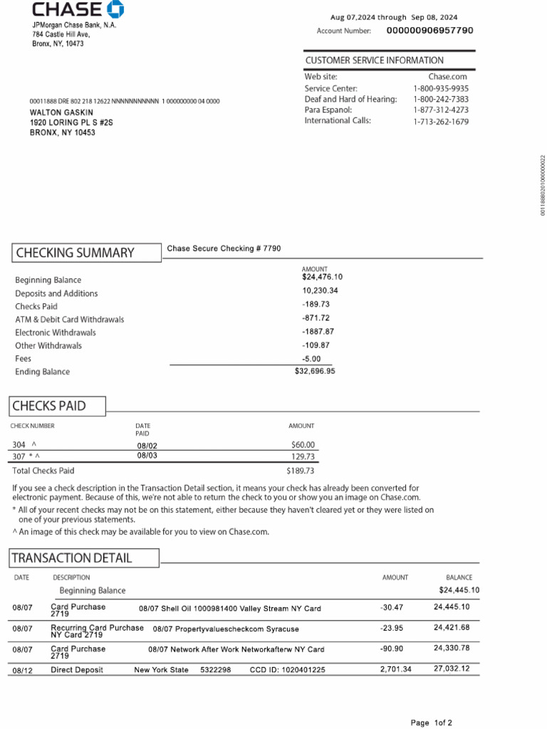 Chase Secure Checking Transactions Summary | PDF