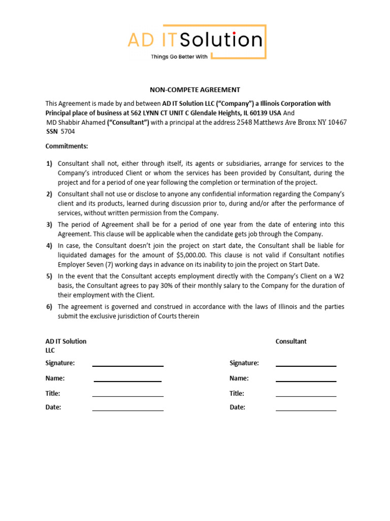 Non-Compete Agreement with MD Shabbir | PDF | Finance & Money Management | Law