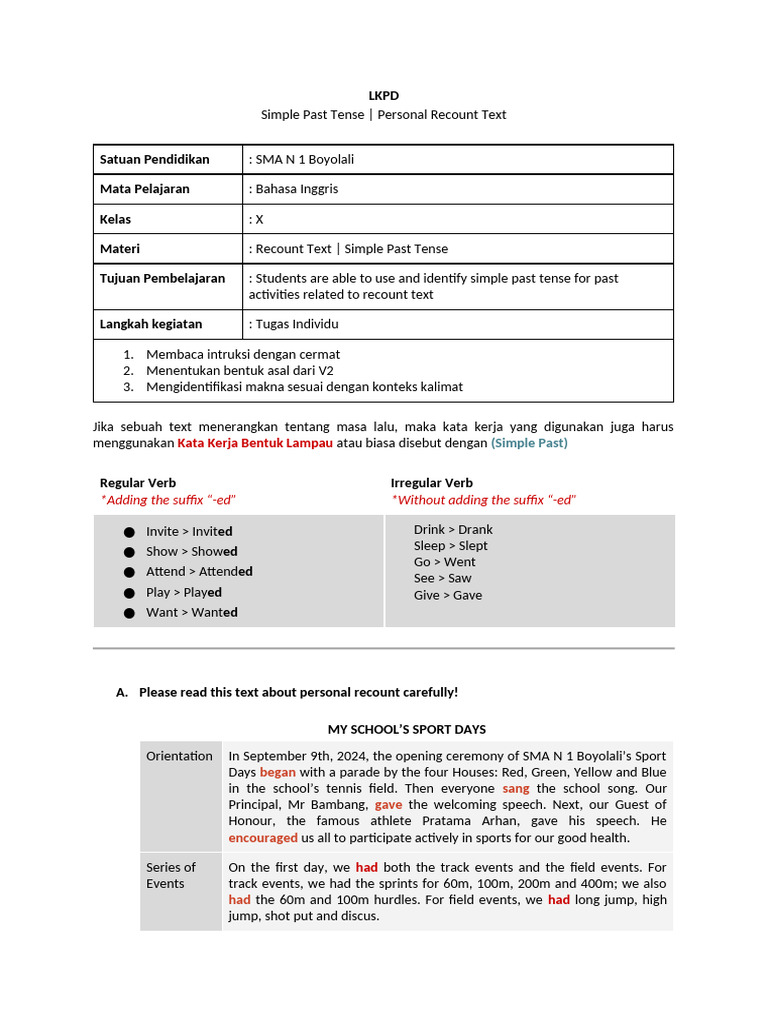 Simple Past Tense in Recount Texts | PDF | Language Mechanics ...