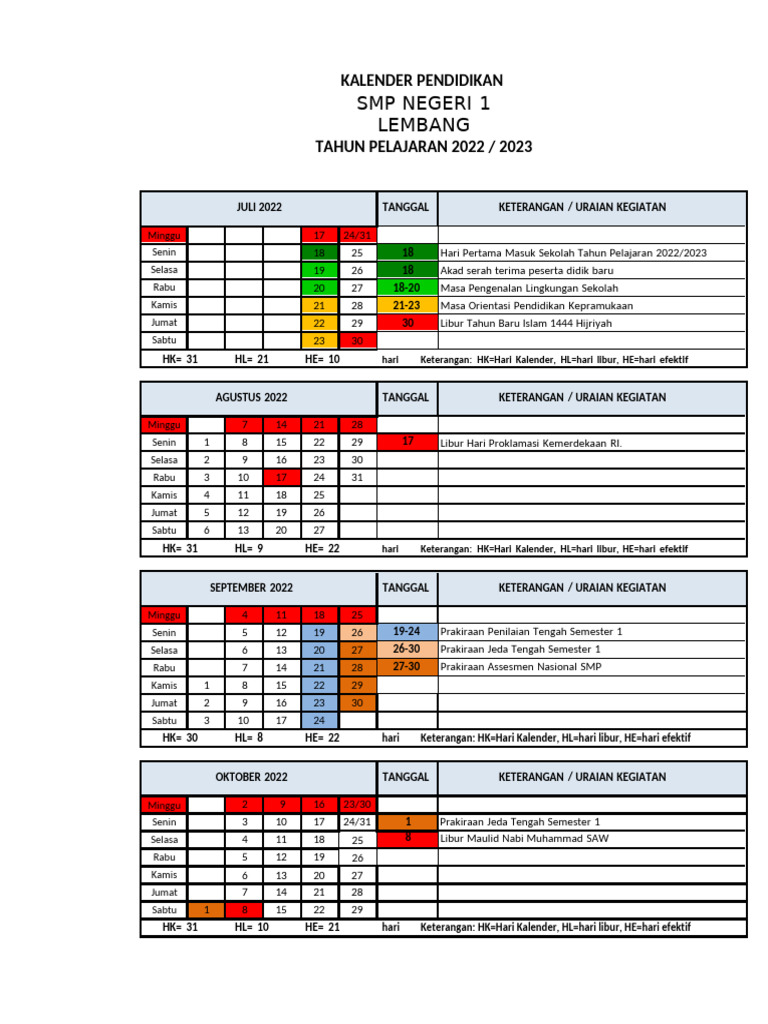 Kalender Pendidikan SMP Negeri 1 Lembang | PDF
