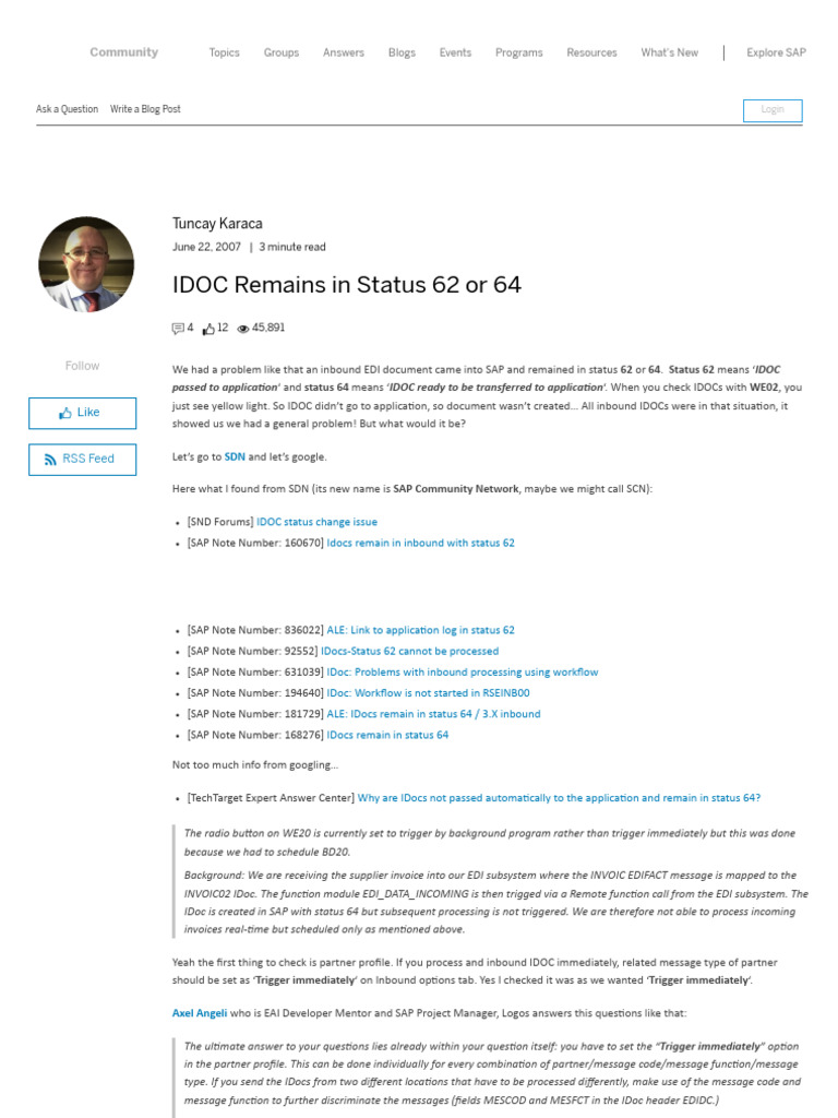 Idoc Remains In Status 62 Or 64 Sap Blogs Pdf Electronic Data