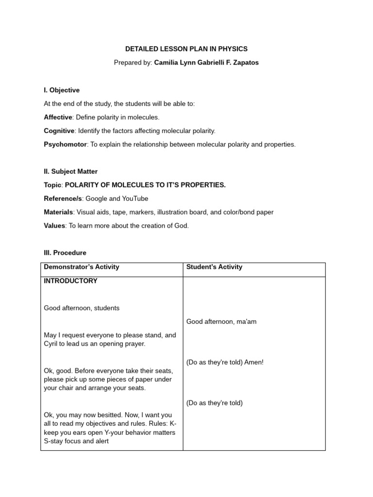 DETAILED LESSON PLAN IN PHYSICS | PDF | Chemical Polarity | Molecules