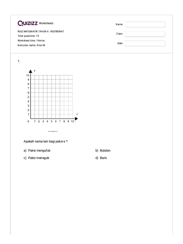 Kuiz Matematik Tahun 6 - Koordinat - Quizizz | PDF