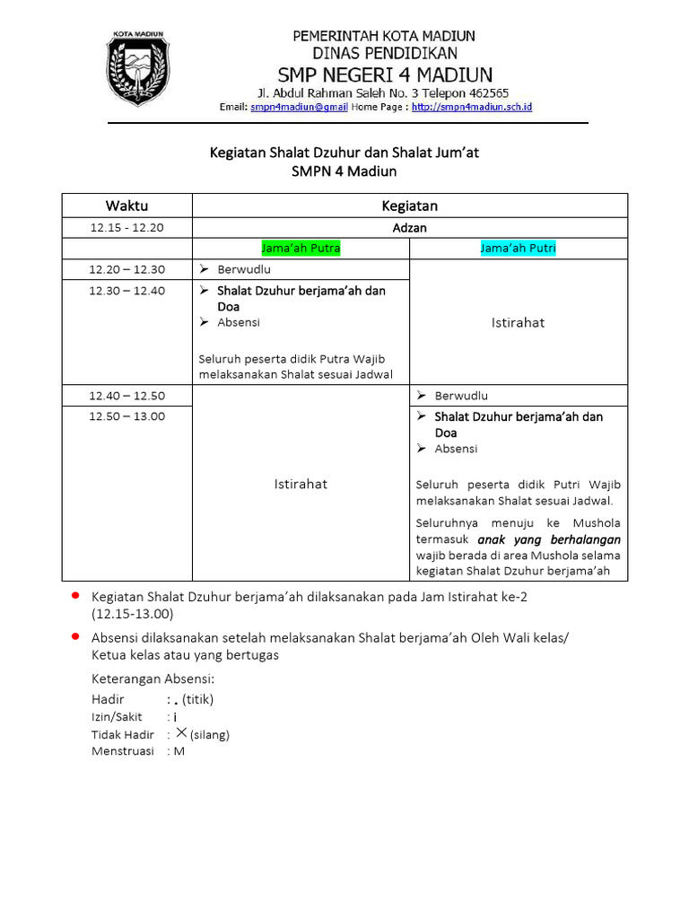 Jadwal Shalat Dzuhur dan Jum'at SMPN 4 | PDF