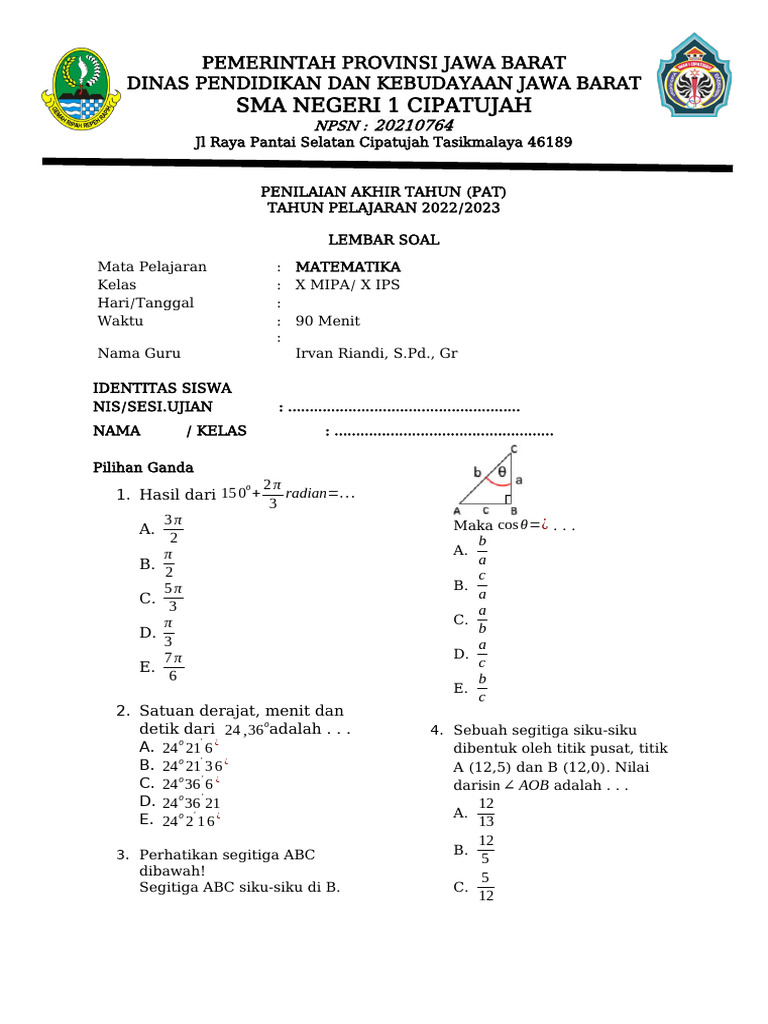 PAT X IPA-IPS Matematika Wajib | PDF