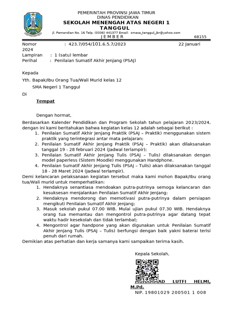 Edaran Siswa PSAJ TAHUN 2024 | PDF