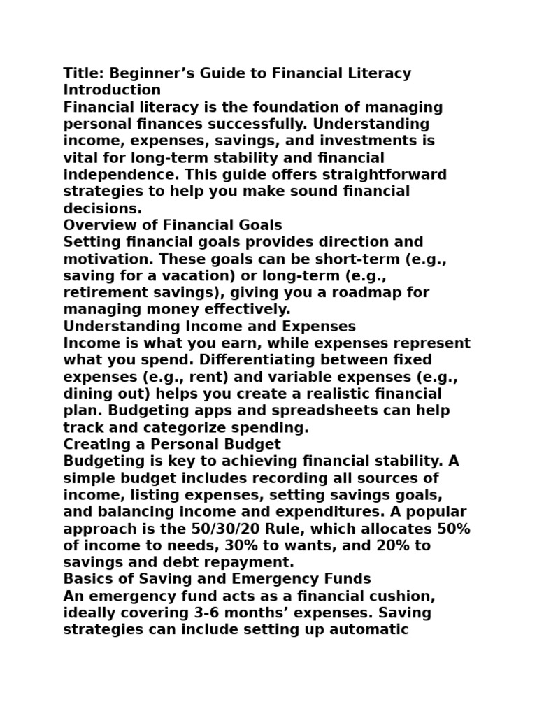 Beginner’s Guide to Financial Literacy | PDF