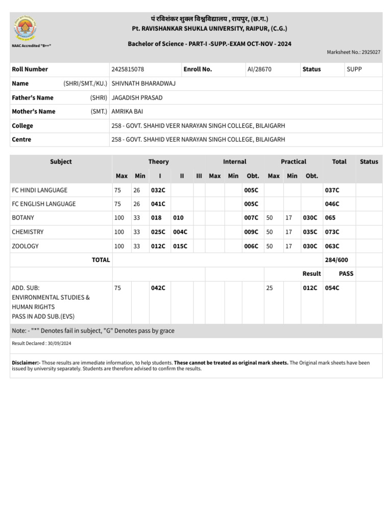 PRSU 2024 Result for B.Sc. Students | PDF