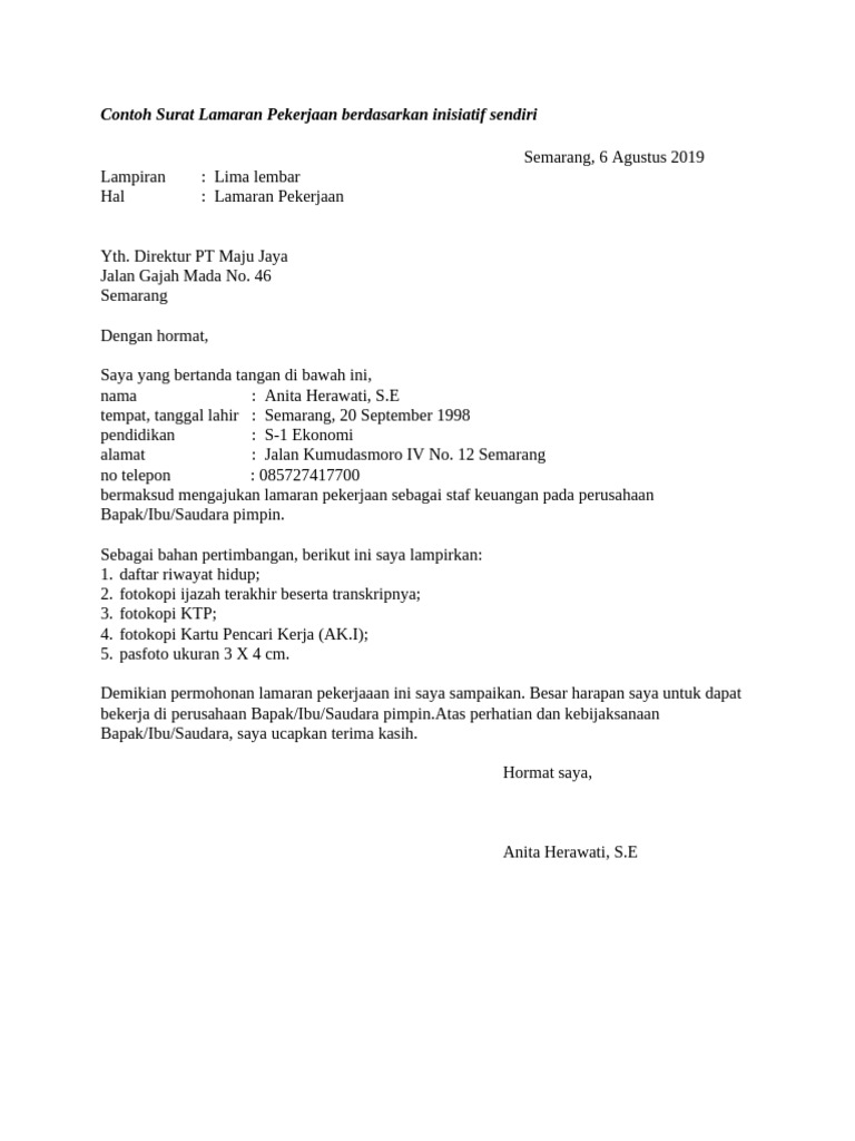 Contoh Surat Lamaran Pekerjaan berdasarkan inisiatif sendiri | PDF