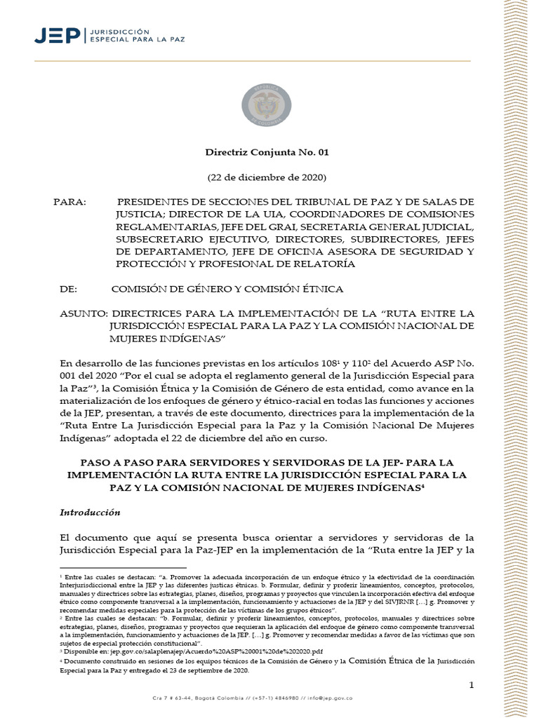 Directriz 01 de 2020 Ruta CNMI - JEP | PDF | Traducciones | Justicia
