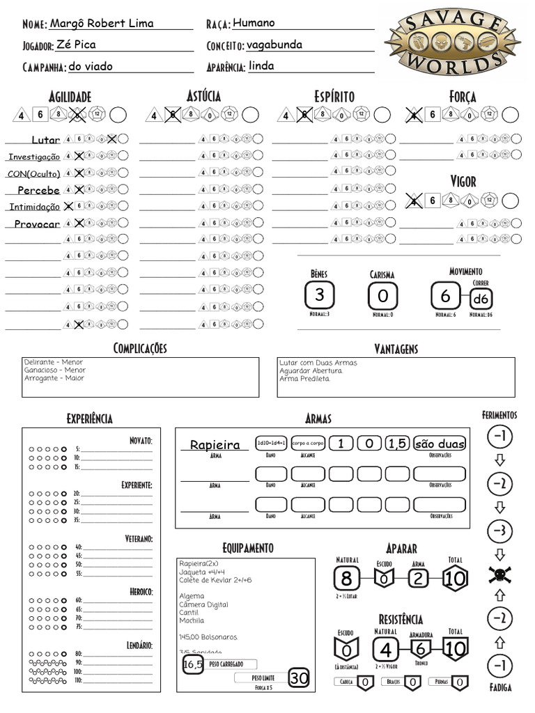 Savage Worlds Ficha de Personagem Editavel Leandro 3-1 | PDF