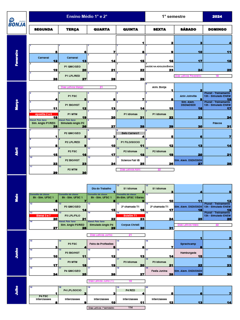 Calendário Escolar 1° Semestre 2024 | PDF