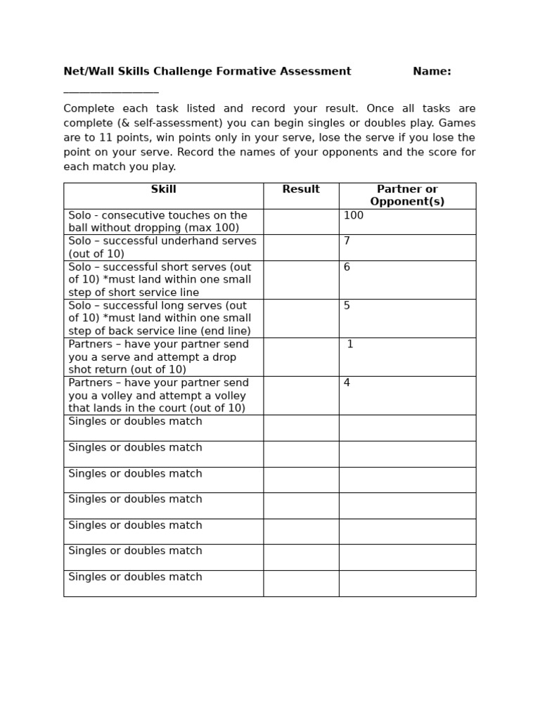Net/Wall Skills Challenge Formative Assessment Name | PDF