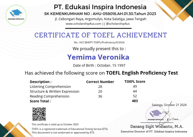 Valid E-Certificate TOEFL - Yemima Veronika | PDF