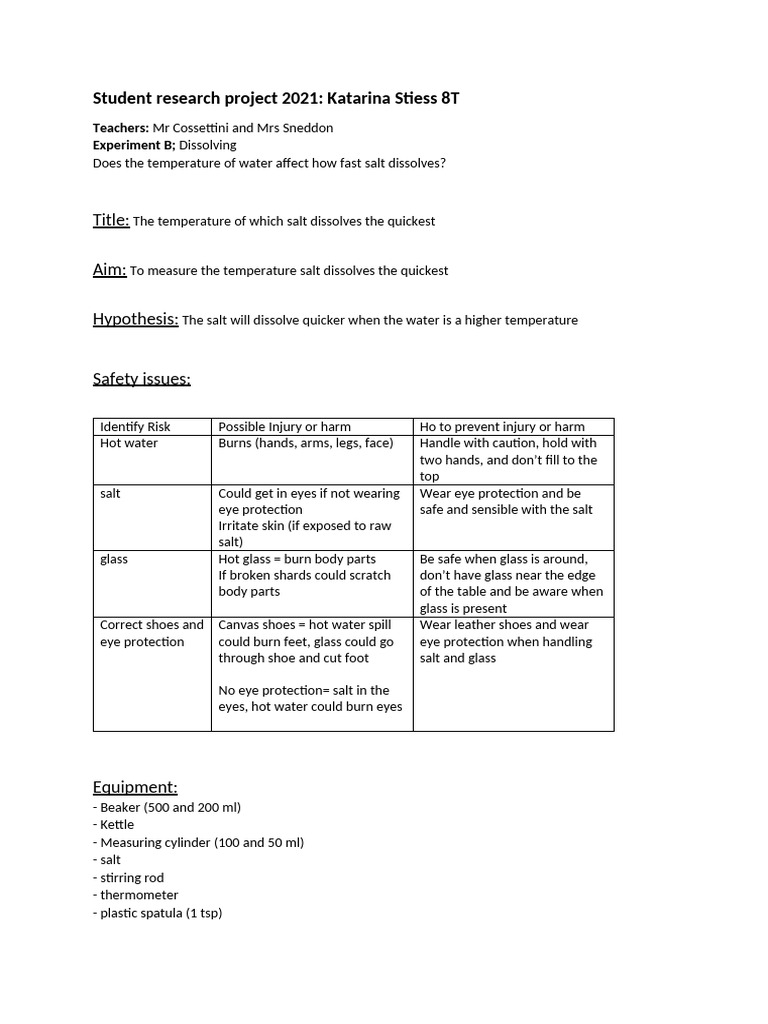 Student Research Project 2021 | PDF | Sodium Chloride | Water