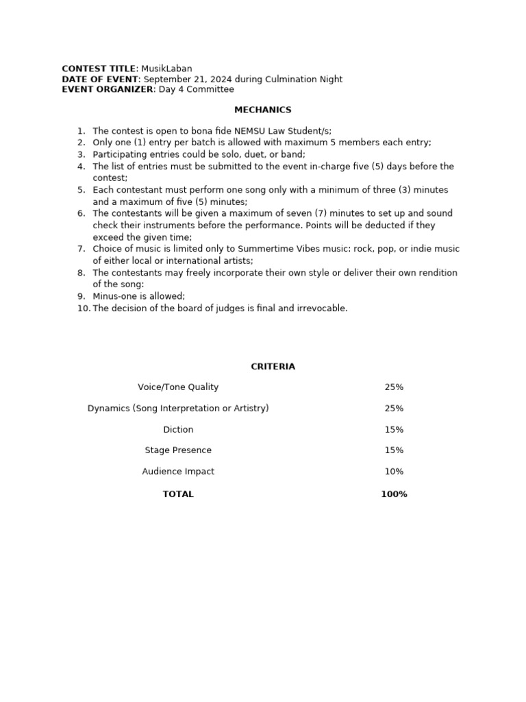 MusikLaban Contest Details for NEMSU Law Students | PDF
