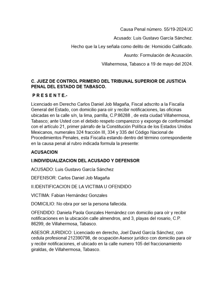 Acusación por Homicidio Calificado en Tabasco | PDF | Homicidio | Fiscal