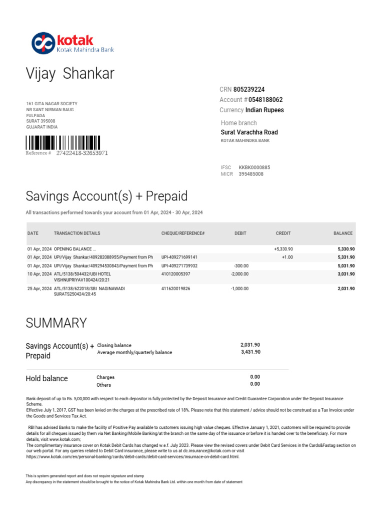 Kotak Mahindra Bank Statement - April 2024 | PDF | Cheque | Banks