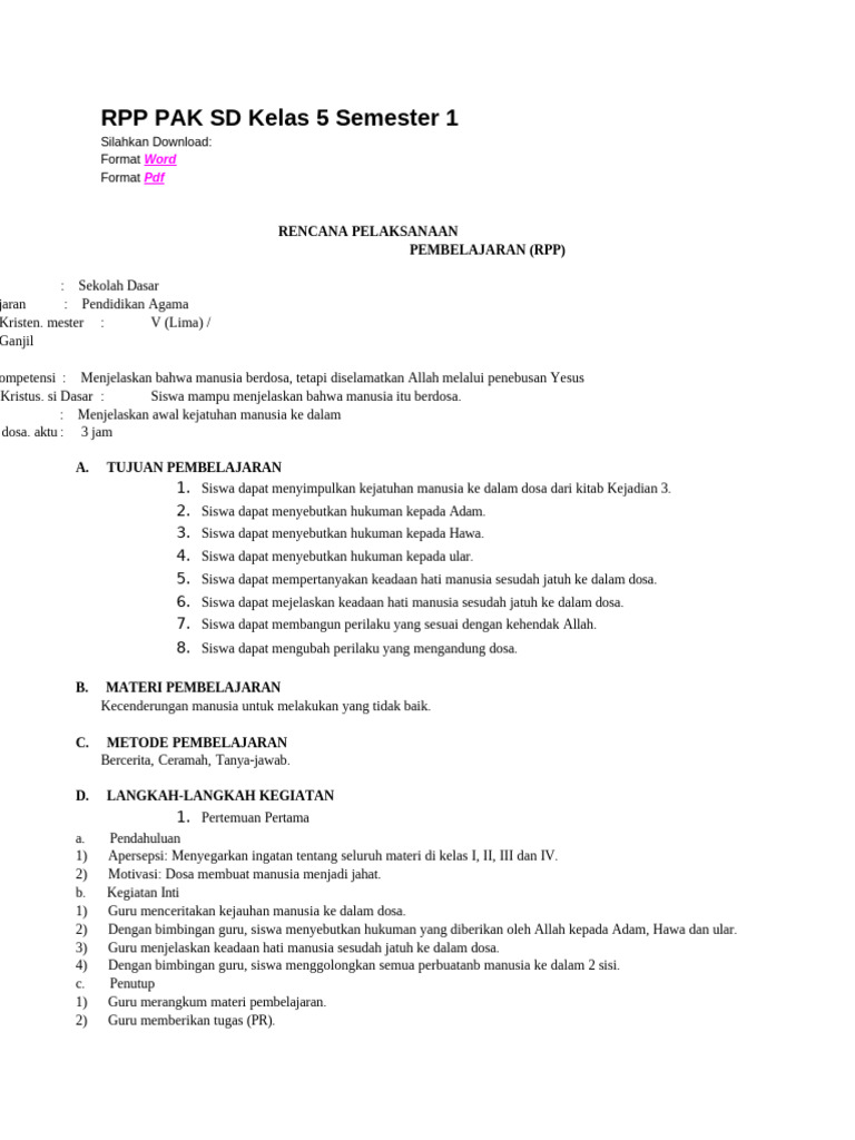 RPP Pak SD Kelas 5 Semester 2 | PDF