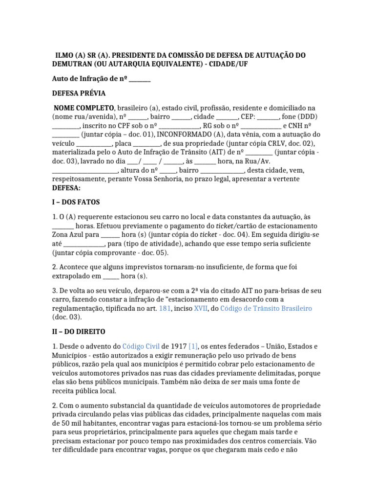 Modelo-De-Defesa-Para-Questionar-Multa-Oriunda-De-Zona-Azul-Tipificada-No-Art-181-Do-Codigo-De ...