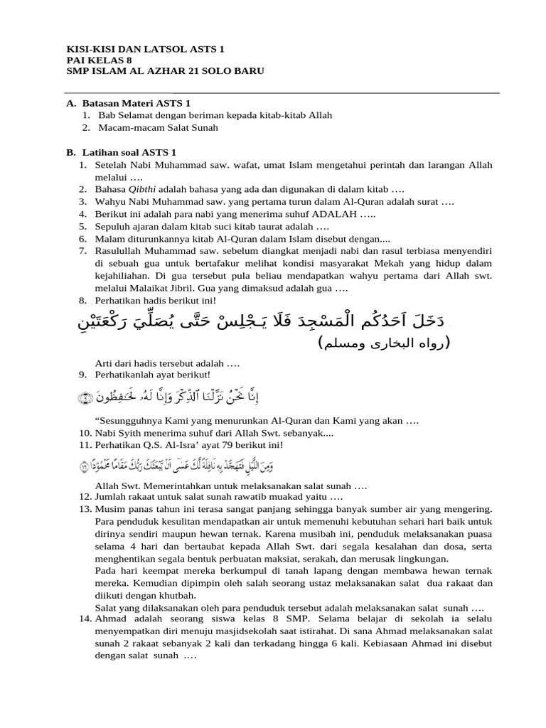 Kisi-Kisi ASTS 1 PAI Kls 8 - 2024 | PDF | Perjalanan | Kajian Bahasa Asing