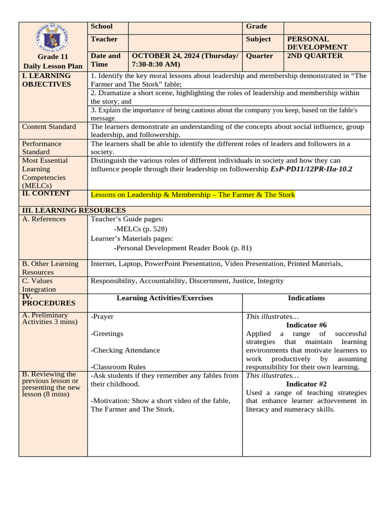 DLP - Perdev - 10-22-24 - Farmer-Stork | PDF | Learning | Leadership