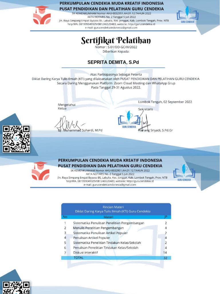 contoh SERTIFIKAT DIKLAT KTI | PDF