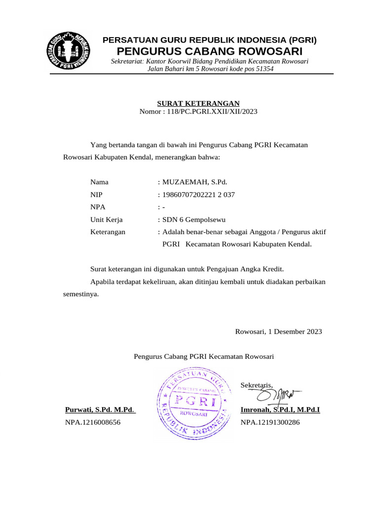 118 PGRI Surat Keterangan Aktif Anggota Pengurus 2023 | PDF