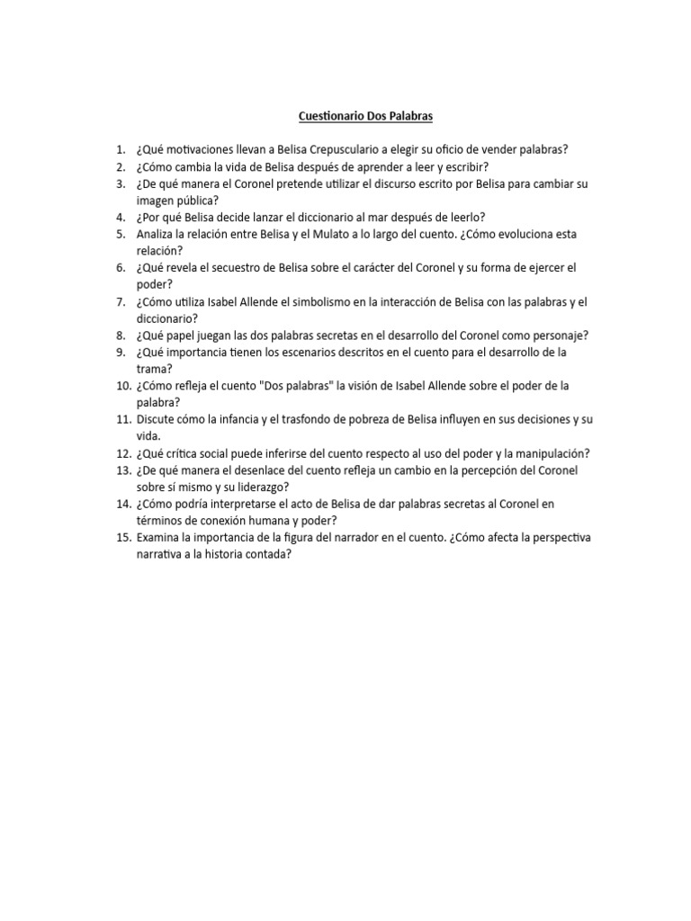 Cuestionario Dos Palabras 15 | PDF