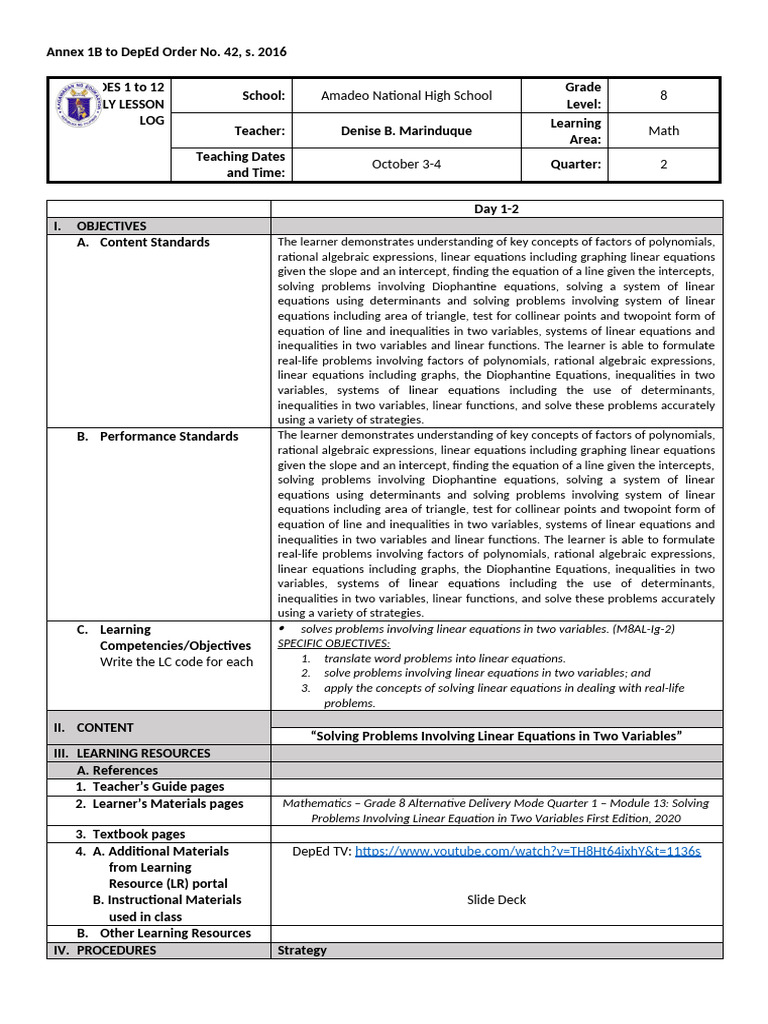 2 Solving Problems Involving Linear Equation in Two Variables | PDF ...